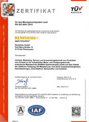 Zertifikat (Managementsysteme) Zertifikat - Renishaw GmbH ISO 9001:2015