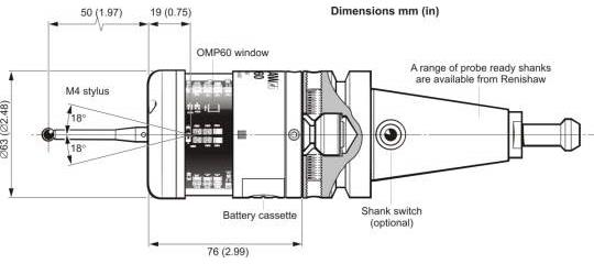 Dimensions of OMP60 optical probe fitted to shank.